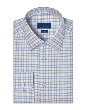 David Donahue Trim Fit Dobby Check Cotton Dress Shirt - Sand/ Blue
