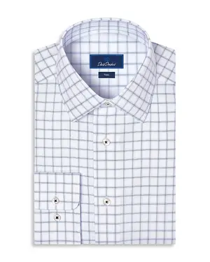 David Donahue Trim Fit Windowpane Cotton Check Dress Shirt - White/ Navy