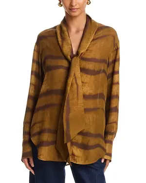 FRAME Silk Oversized Tie Neck Shirt With Animal Print - Light Tiger Multi