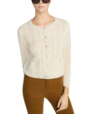 FRAME The Chevron Cotton & Wool Crewneck Cardigan Sweater - Biscuit