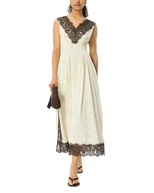 Whistles Petite Lace V Neck Spot Midi Dress - Yellow/multi