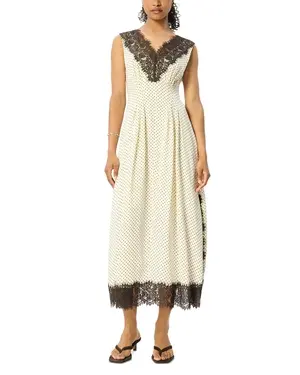 Whistles Petite Lace V Neck Spot Midi Dress