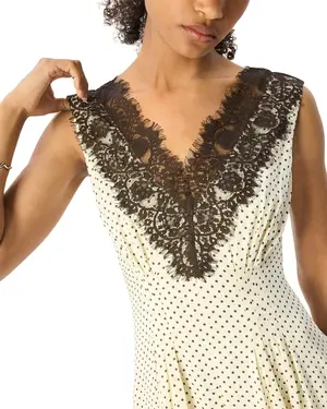 Whistles Petite Lace V Neck Spot Midi Dress