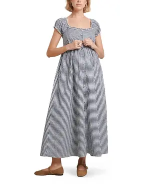 NOM MATERNITY Lily Nursing Dress - White Navy Gingham