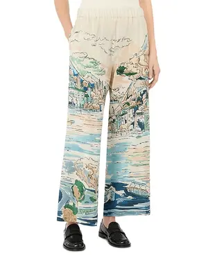 Max Mara Silk Printed Ankle Trousers - Light Blue