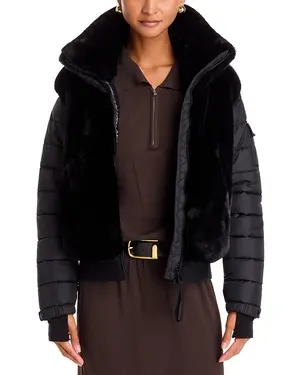 Aqua Faux Fur Mixed Media Bomber Jacket - Black/black