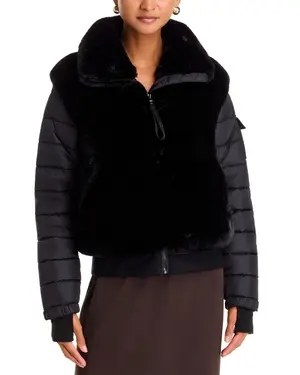 Aqua Faux Fur Mixed Media Bomber Jacket