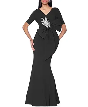 Shani V-neck Gown With Dramatic Bow And Crystal Detail - Black