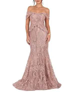Shani Off The Shoulder Embroidered Gown With 3d Applique - Petal