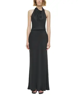 Simkhai Reannon" Draped Halterneck Satin Gown - Black