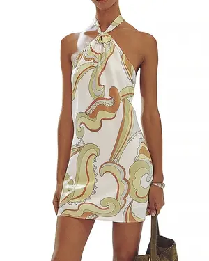 REFORMATION Printed Silk Halter Mini Dress - Isola