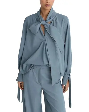 REISS Charlotte Tie Neck Blouse - Light Blue