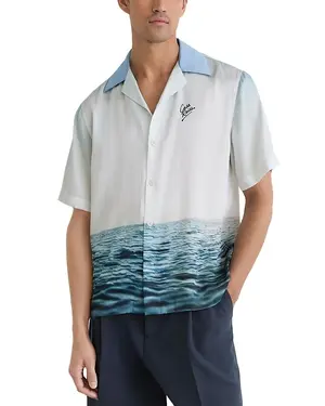 REISS Dive Landscape Cuban Collar Shirt - Soft Blue