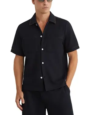 REISS Weaver Short Sleeve Textured Piped Shirt Navy