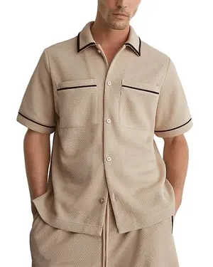 REISS Weaver Short Sleeve Textured Piped Shirt - Stone