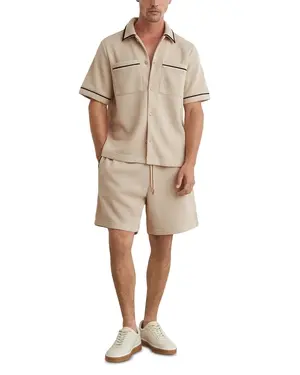 REISS Weaver Short Sleeve Textured Piped Shirt - Stone