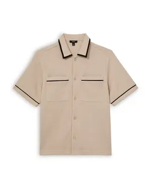 REISS Weaver Short Sleeve Textured Piped Shirt - Stone