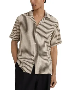 REISS Griff Textured Stripe Short Sleeve Shirt - Stone Grey