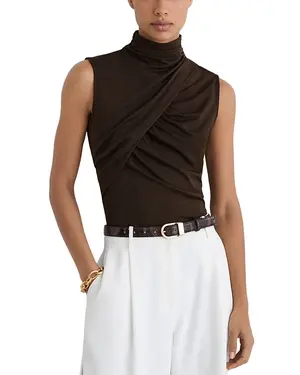 REISS Wanda Ruched High Neck Top - Chocolate