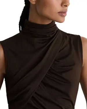 REISS Wanda Ruched High Neck Top - Chocolate