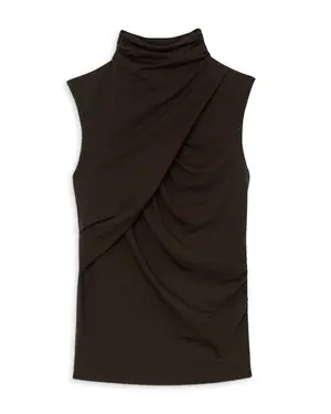 REISS Wanda Ruched High Neck Top - Chocolate