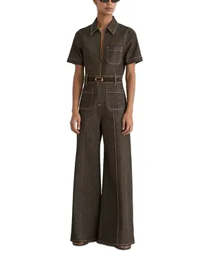 REISS Danie Denim Cotton Stretch Jumpsuit - Chocolate