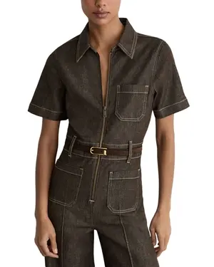 REISS Danie Denim Cotton Stretch Jumpsuit