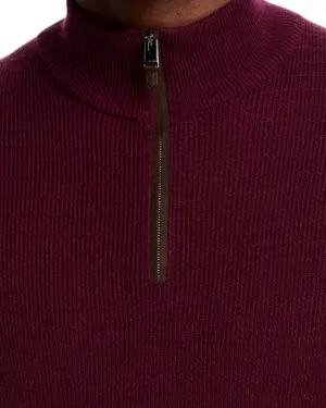 Canali Wool & Cashmere Textured Quarter Zip Knit Sweater - Dark Red