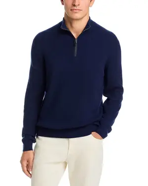 Canali Wool & Cashmere Textured Quarter Zip Knit Sweater Navy