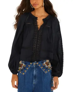 Farm Rio Embroidered Cotton Blouse - Black