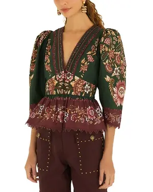 Farm Rio Daniela Cotton Peplum Blouse - Daniela Green