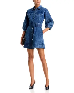 Aqua Denim Bubble Sleeve Button-up Mini Dress