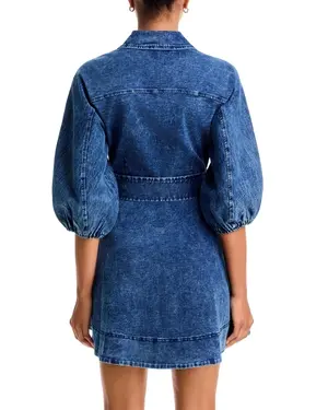 Aqua Denim Bubble Sleeve Button-up Mini Dress