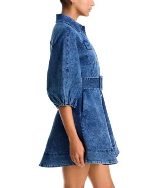 Aqua Denim Bubble Sleeve Button-up Mini Dress