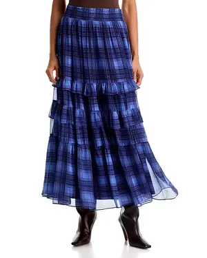 Aqua Plaid Ruffled Tiered Maxi Skirt - Blue Multi