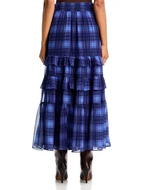 Aqua Plaid Ruffled Tiered Maxi Skirt