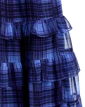 Aqua Plaid Ruffled Tiered Maxi Skirt