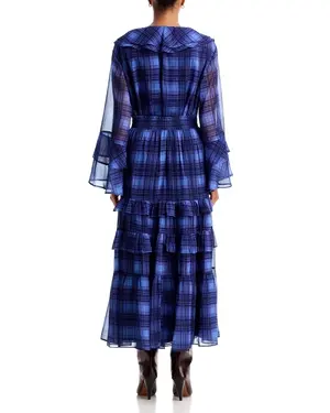Aqua Plaid Ruffled Tiered Maxi Skirt