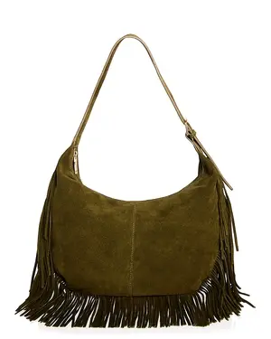 Aqua Large Fringed Suede Hobo Bag Exclusive - Olive