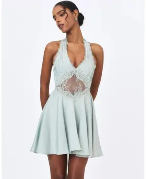 MISS CIRCLE NEW YORK Rianna Crinkle Satin Halter Mini Dress