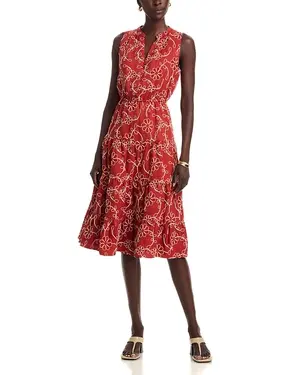 T Tahari Sleeveless Tiered Midi Dress With Embroidered Floral Detail