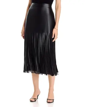 Elie Tahari Kaia Faux Leather Fringe Midi Skirt - Noir
