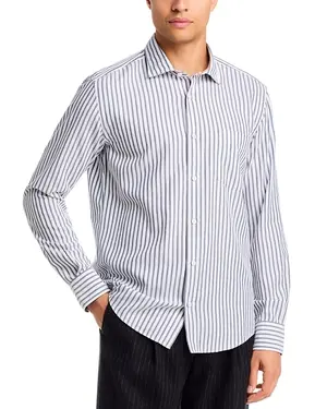 BOSS Rob Spread Collar Stripe Cotton Shirt - Dark Blue