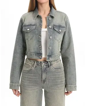 BAYEAS Denim Jacket With Rhinestone Stretch Comfortable Wear In Pureedge