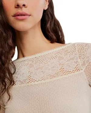 Free People Night Mode Mesh Lace Layering Top - Tea