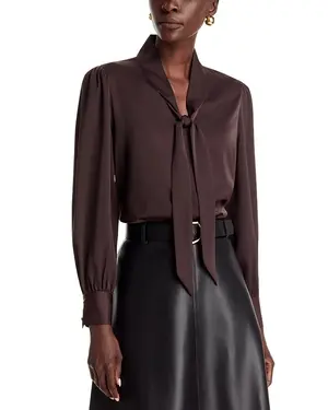 T Tahari Tie Neck Blouse - Rich Mocha