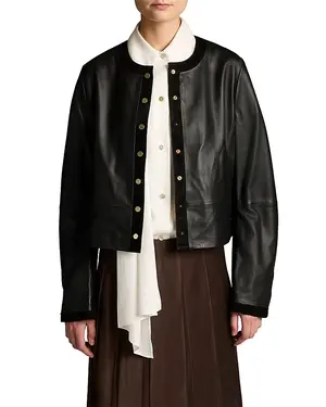Vince Collarless Crop Leather Jacket - Black