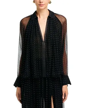 Vince Spread Collar Polka Dot Sheer Sleeve Top - Black