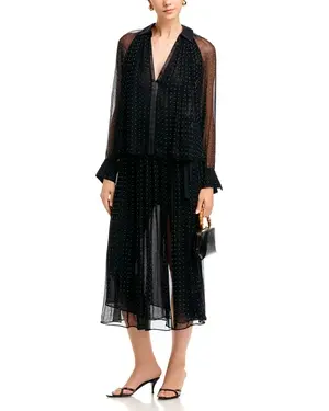 Vince Spread Collar Polka Dot Sheer Sleeve Top