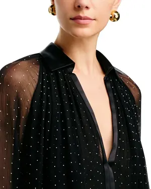 Vince Spread Collar Polka Dot Sheer Sleeve Top